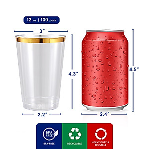 JOLLY CHEF 100 Pack 12 oz Gold Plastic Cups, Clear Plastic Cups Tumblers Elegant Gold Rimmed Disposable Cups with Gold Rim Perfect for Thanksgiving Day Christmas