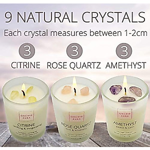 ORCHID AURA Soy Candles with Healing Crystals. Citrine, Rose Quartz, Amethyst Crystal. Eucalyptus + Lemongrass, Jasmine + Sandalwood, Clary Sage + Lavender. 3PC Scented Candle Set, 2.47oz Each