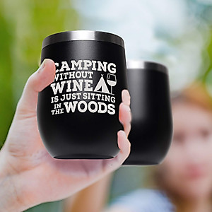 Chris's Stuff 12 oz Wine Tumbler - Iced Coffee Mug with Splash-Proof Lid Stainless Steel Double Wall Vacuum Insulated with Inner Layer Copper Keep Drinks Cold/Hot - Quote: Camping Without Wine (Black)