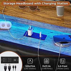 DICTAC Queen LED Bed Frame with Bookcase Storage Headboard, Charging Station,Hidden Storage Space Metal Platform Bed Frame with Storage Shelves & LED Lights,Faux Leather,Heavy Duty Metal Slats,Black