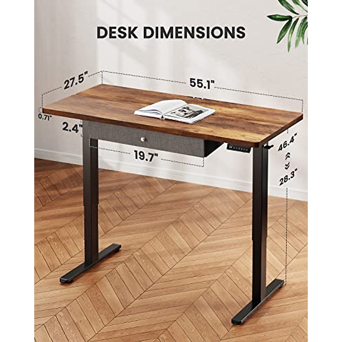ErGear Electric Standing Desk with Drawer, Adjustable Height Sit Stand Up Desk, Home Office Desk Computer Workstation, 55x28 Inches, Vintage Brown