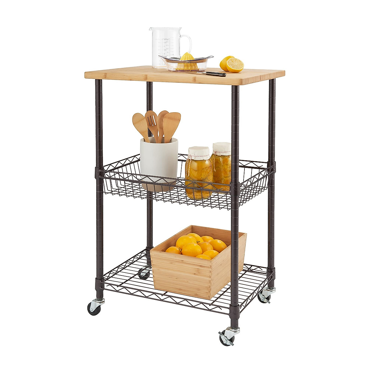 TRINITY BASICS 3 Tier Rolling Cart Kitchen Organizer with Bamboo Top, Metal Wire Storage Basket and Shelf for Household and Pantry Organization, Dark Bronze, 24” W x 18” D x 35” H