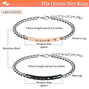 6 Piece Her King His Queen Necklace Bracelet Couple Necklace Bracelet Keychain Set for Valentines Jewelry Gift