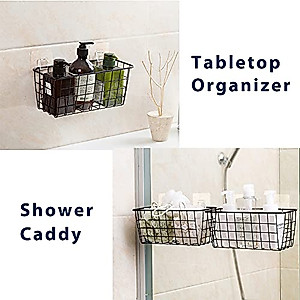 Metal Hanging Wire Basket with Hooks for Storage, Bawuie 4 Pack Wall Mount on Door Sturdy Organizer Holder, Farmhouse Rustic Decor Home Bin for Kitchen Cabinets Pantry Bathroom Bedroom Office, Black