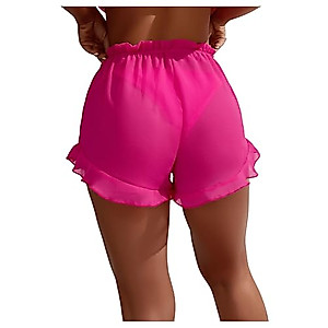 Milumia Women's Drawstring Ruffle Hem Sheer Mesh Beach Swim Cover Up Shorts Hot Pink Large