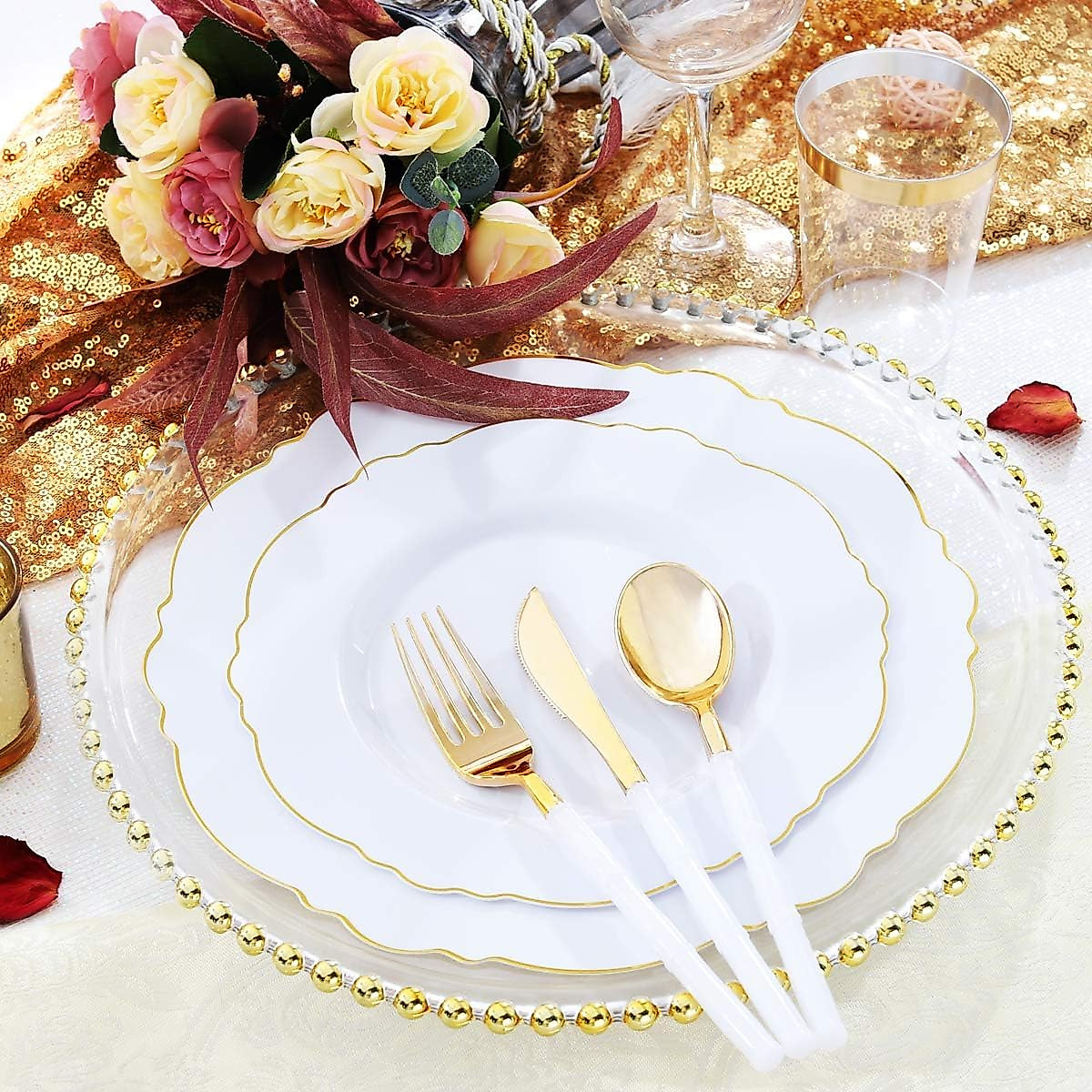 WDF 60pcs White and Gold Plastic Plates - Baroque White With Gold of 30 Heavy Duty Gold dinner plates 10.25inch, 30 Salad Plates 7.5inch