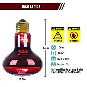 DGE Reptile Heat Lamp Bulb, 100 Watt Infrared Basking Spot Bulb of Bearded Dragon, Red Heat Lamp Bulbs for Reptiles and Amphibian Use, 2Packs
