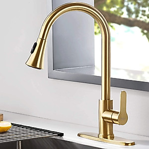AMAZING FORCE Gold Kitchen Faucet Modern Pull Out Kitchen Faucets Stainless Steel Single Handle Kitchen Sink Faucet with Pull Down Sprayer 3 Hole Kitchen Faucet Mixer Tap 1.8 GPM