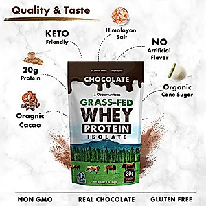 Chocolate Whey Protein Powder - Grass Fed Whey Isolate + Organic Cacao + Real Sugar + Himalayan Salt - Delicious Taste for Shakes, Smoothies, Cooking & Baking Recipes - Gluten Free & Non GMO - 1 Pound