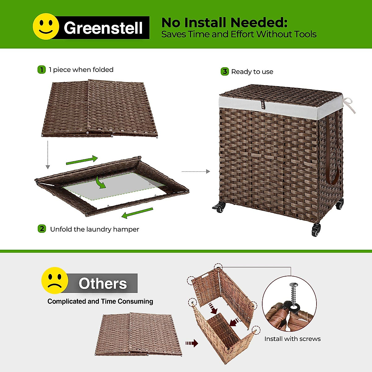 Greenstell Laundry Hamper with Wheels, No Install Needed, 110L Divided Handwoven Hampers & 2 Removable Liner Bags, Rattan Clothes Laundry Basket with Lid & Handles, Foldable Hampers Brown 22x13x26.4In
