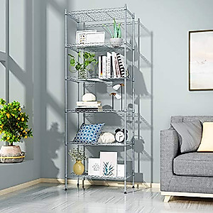 Devo 6-Tier Wire Shelving Unit, Adjustable Metal Shelving for Storage, Heavy Duty Wire Storage Racks with Side Hooks, Pantry Shelves for Garage, Kitchen, Living Room, Bathroom (Upgrade Silver)