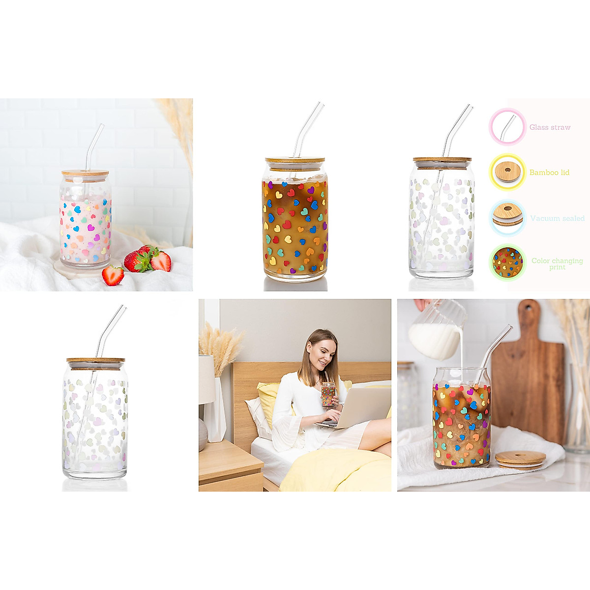 Care For Products Color Changing 16oz Soda Can Glass with Bamboo Lid and Glass Straw | Iced Coffee Cup | Can Shaped Glass with Color Changing Heart Design