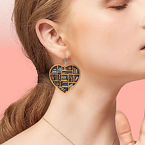 Book Lover Heart Shaped Bookshelf Earrings Acrylic Ornament Teal Hoop Earrings (One Size, C)