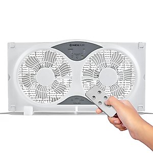 Nexair 9" Twin Window fan with Remote Control, 3 Speed Bedroom window fan reversible Airflow Exhaust And Intake Quiet Operation, Fan Window Easy to install Seals with Built-In panels extending 24"-37"
