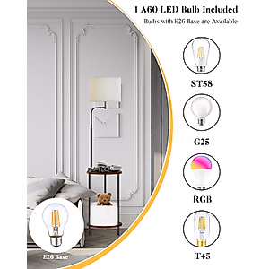 Lightdot 57IN Floor Lamp with Shelves, Mid Century Modern Standing Lamps with Bulb and Storage Bag Included, Black Pole End Table with Linen Lampshade for Living Room, Bedroom, Office-F