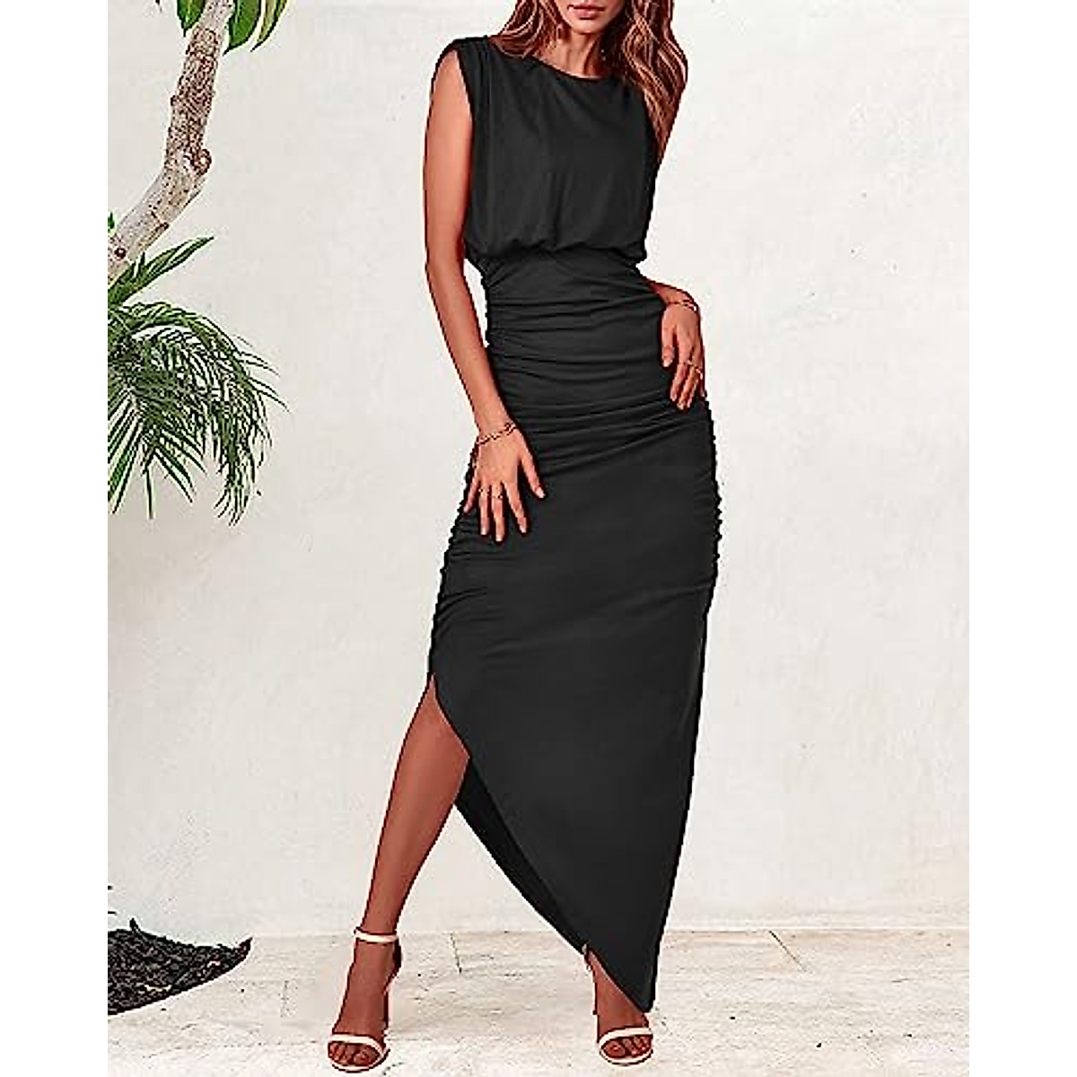 BTFBM Women Sleeveless Ruched Bodycon Dress 2023 Summer High Waist Asymmetrical Slit Formal Party Cocktail Maxi Dresses(Solid Black, Medium)