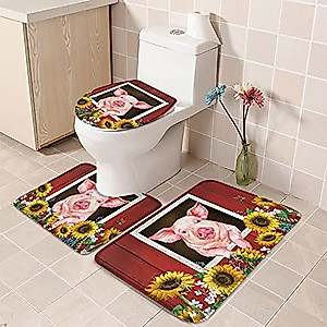 3 Pieces Bath Rugs Sets Farm Red Barn Pink Pig Yellow Sunflowers Soft Non-Slip Absorbent Toilet Seat Cover U-Shaped Toilet Mat for Bathroom Decor Cute Animals