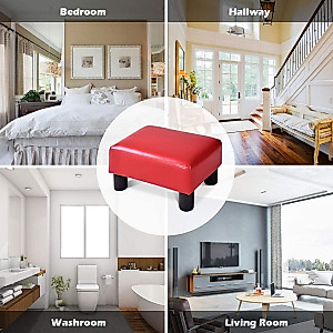 Julimoon Footrest Ottoman, Small PU Leather Stool w/Non-Skid Wood Legs, Modern Rectangular Footstool w/Padded Seat for Outdoor, Office, Living Room (Red)