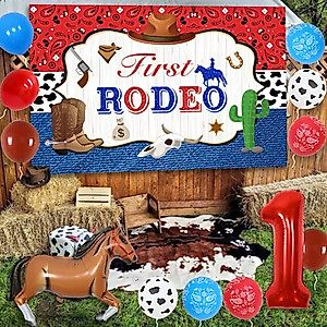 Cowboy 1st Birthday Decorations, First Rodeo Birthday Party Decor Blue, First Rodeo Birthday Backdrop Western Theme Balloons, Cow One High Chair Banner for Western Cowboy Birthday Party Supplies