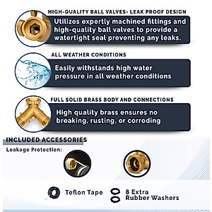 Morvat Heavy Duty Brass 2 way Y Splitter Garden Hose Hexagonal Connector with Comfortable Grip Shut Off Valves, Adapter for Water Tap, Outlet, & Spigot, Includes 2 Extra Rubber Washers & Teflon Tape