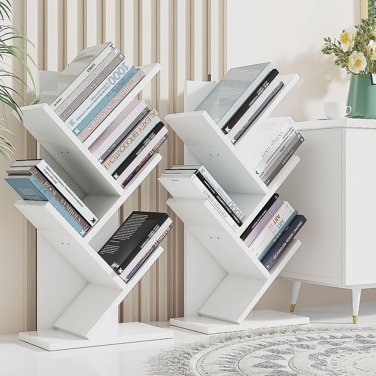 YMYNY 4 Tier Tree Bookshelf, Small Bookcase, Modern Wood Book Storage Rack, Freestanding Book Shelf for Books/Movies/CDs, Narrow Display Rack for Living Room, Home Office, Rustic Brown UHBC014H