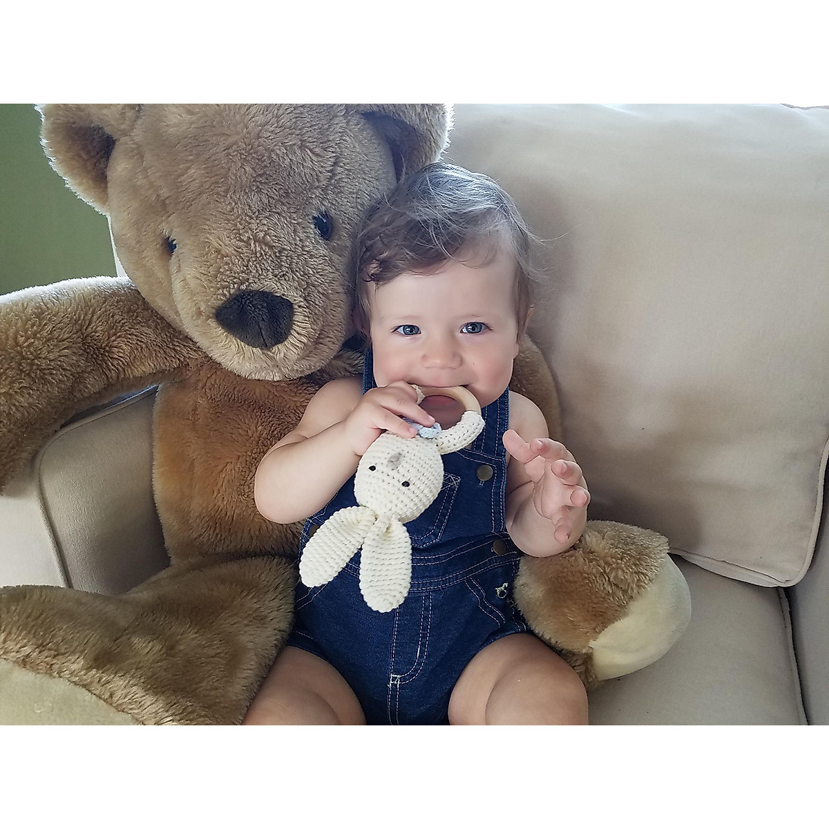 Natural Wooden Baby Toys Cotton Crochet Bunny Teething Ring Teether Rattle Set of 2 Newborn Unisex Baby (Grey Mama White Baby)