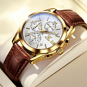 OLEVS Brown Leather Watch Men Chronograph Gold Case Analog Quartz Fashion Business Dress Large Face Men Watch Multifunction Luminous Waterproof Casual Male Wrist Watch White Dial Reloj para Hombre