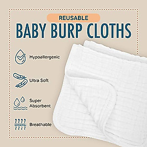 AllSett Health 10 Pack Muslin Burp Cloths Large 20" by 10" 100% Cotton, Hand Wash Cloth 6 Layers Extra Absorbent and Soft White