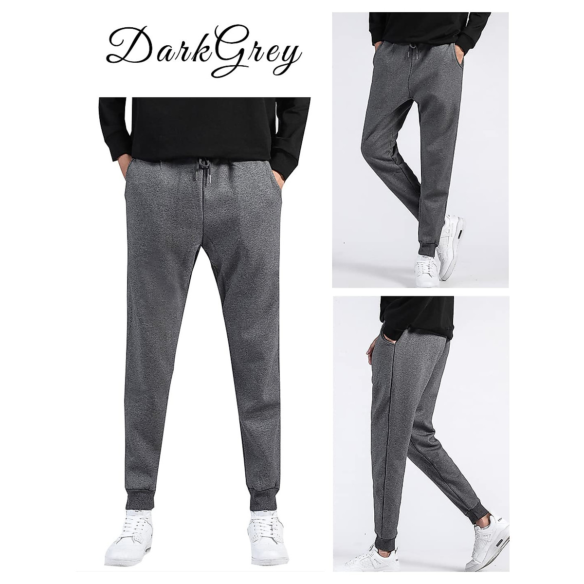 Lentta Men's Elastic Drawstring Waist Warm Sherpa Lined Fleece Cuffed Sweatpant Pant（Darkgrey-M）