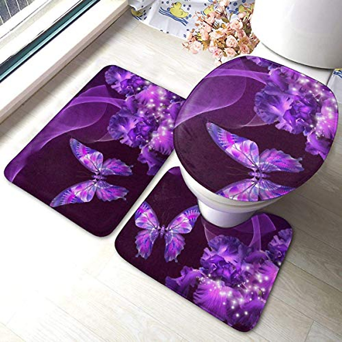 QIAOQIAO Purple Butterfly Bathroom Rugs and Mats Sets 3 Piece (Bath Mat U-Shaped Contour Shower Mat Non Slip Absorbent Toilet Lid Cover Washable) 40x60cm, OneSize