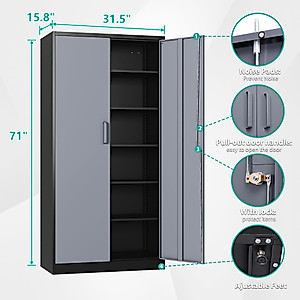 SISESOL Metal Storage Cabinet with 5 Adjustable Shelves,Garage Storage Cabinet with Lock,Metal Cabinets with Locking Doors,71" Lockable Tool Cabinets for Home,Office,Shop,Garage