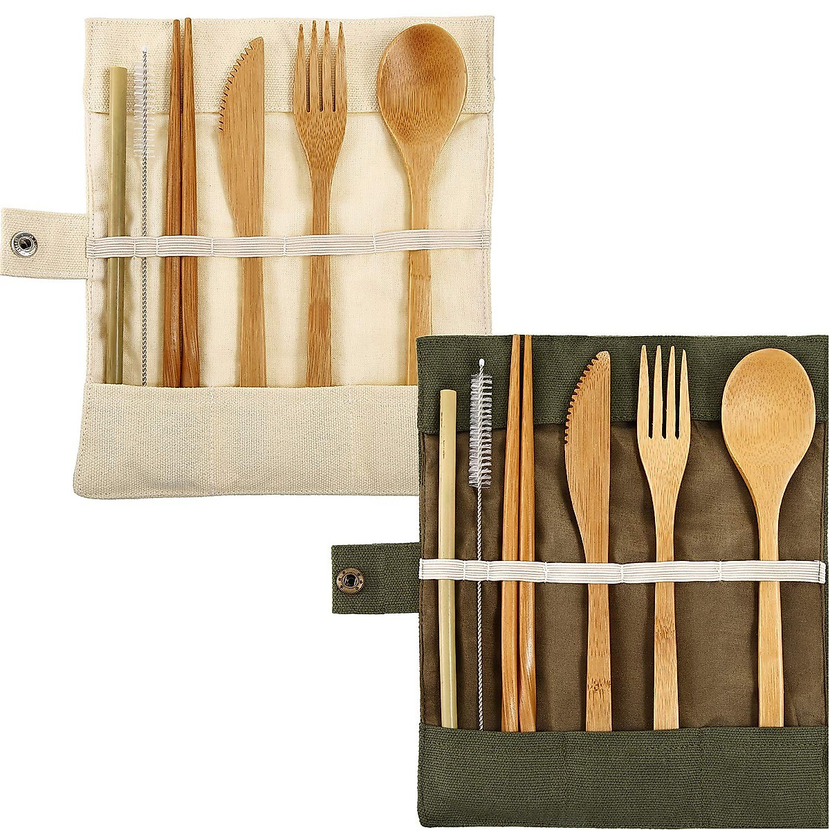 2 Sets Bamboo Cutlery Bamboo Utensils Reusable Flatware Set Bamboo Travel Utensils Include Reusable Chopsticks Fork Spoon Knife Straws Brush for Camping Hiking Picnic with Pouch Bag