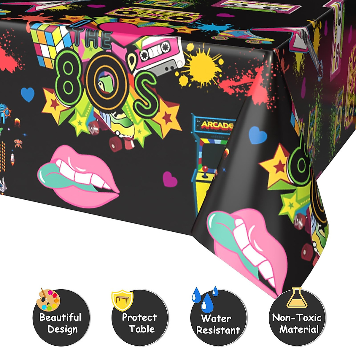 FunHot 80s Tablecloths, 4 Pcs 54 x 108 Inch Waterproof Black Print Rectangular Table Covers for 80s Nostalgia Party Decorations