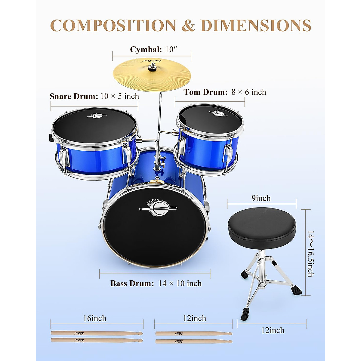 Drum Set Eastar 14 '' Drum Kit for Kids Beginners, 3-Piece with Adjustable Throne, Cymbal, Pedal & 2 Pairs of Drumsticks, Junior Drum Set with Bass Tom Snare Drum, Mirror Blue