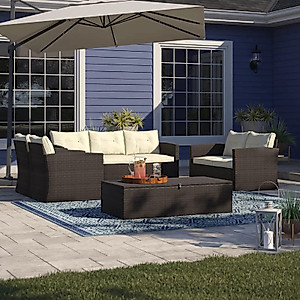 Thy-Hom Rio 5 Piece Outdoor Patio Furniture Sets, Patio Furniture Outdoor Sectional Sofa, All Weather Woven Wicker Patio Sofa Brown PE Rattan Patio Conversation Set w/Cushion and Table