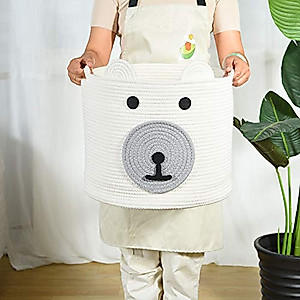 InfiBay Cotton Rope Storage Basket with Cute Bear Design, Woven Laundry Basket with Handles, Baby Nursery Organizer for Toys, Blanket, Clothes, Towels, 12”(D) x 11”(H)