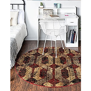 Unique Loom Saturn Collection Area Rug - Astra (Round 7' 10" x 7' 10", Burgundy/ Black)