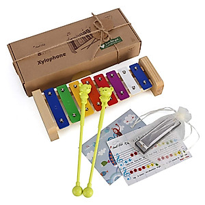 Xylophone Musical Toys for Baby Toddlers Kids with Harmonica, Wooden Musical Instruments Set with Mallets and Music Cards, Great Birthday Gifts for Preschool Kids Boys Girls
