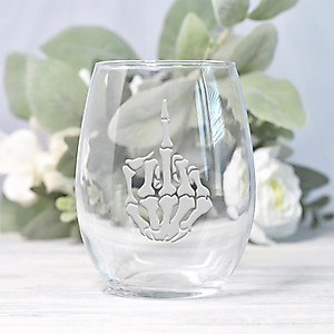 Skeleton Middle Finger Stemless Wine Glass - Skeleton Gift, Middle Finger Gift, Skeleton Wine Glass, Middle Finger Wine Glass
