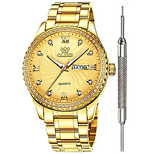 OLEVS Gold Watches for Men Waterproof Men Gold Watches Diamond Luxury Best Watches for Men Calendar Date Analog Quartz Watch Stainless Steel Classic Wrist Watch