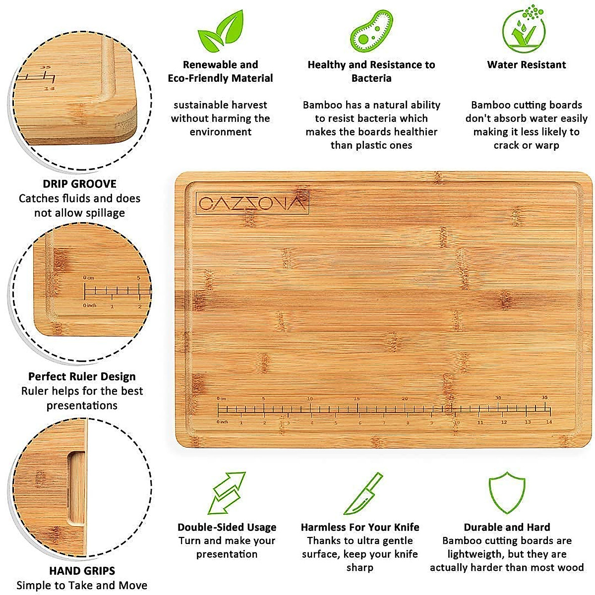 CAZZOVA Bamboo Cutting Board EXTRA LARGE with RULER and Juice Groove - Kitchen Wood Butcher Block for Meat Vegetables and Cheese- Chopping- Charcuterie Board- Wooden Serving Tray w/ Handles