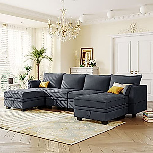 P PURLOVE Modern Large U-Shape Modular Sectional Sofa, Sectional Sofa Couch with Storage Seat,Convertible Sofa Bed with Reversible Chaise for Living Room,Bedroom.Dark Gray