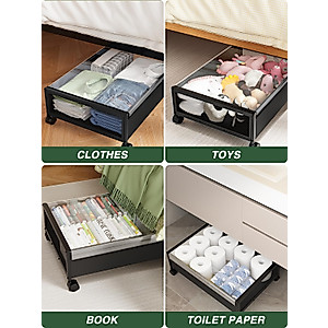 LEHOM Under Bed Storage with Wheels, Plastic Underbed Bins with Sturdy Metal Tubes Rolling Under Bed Drawer Storage Container with Window and Handle for Bedding, Clothes, Blanket, Shoes (2 Pack metal)