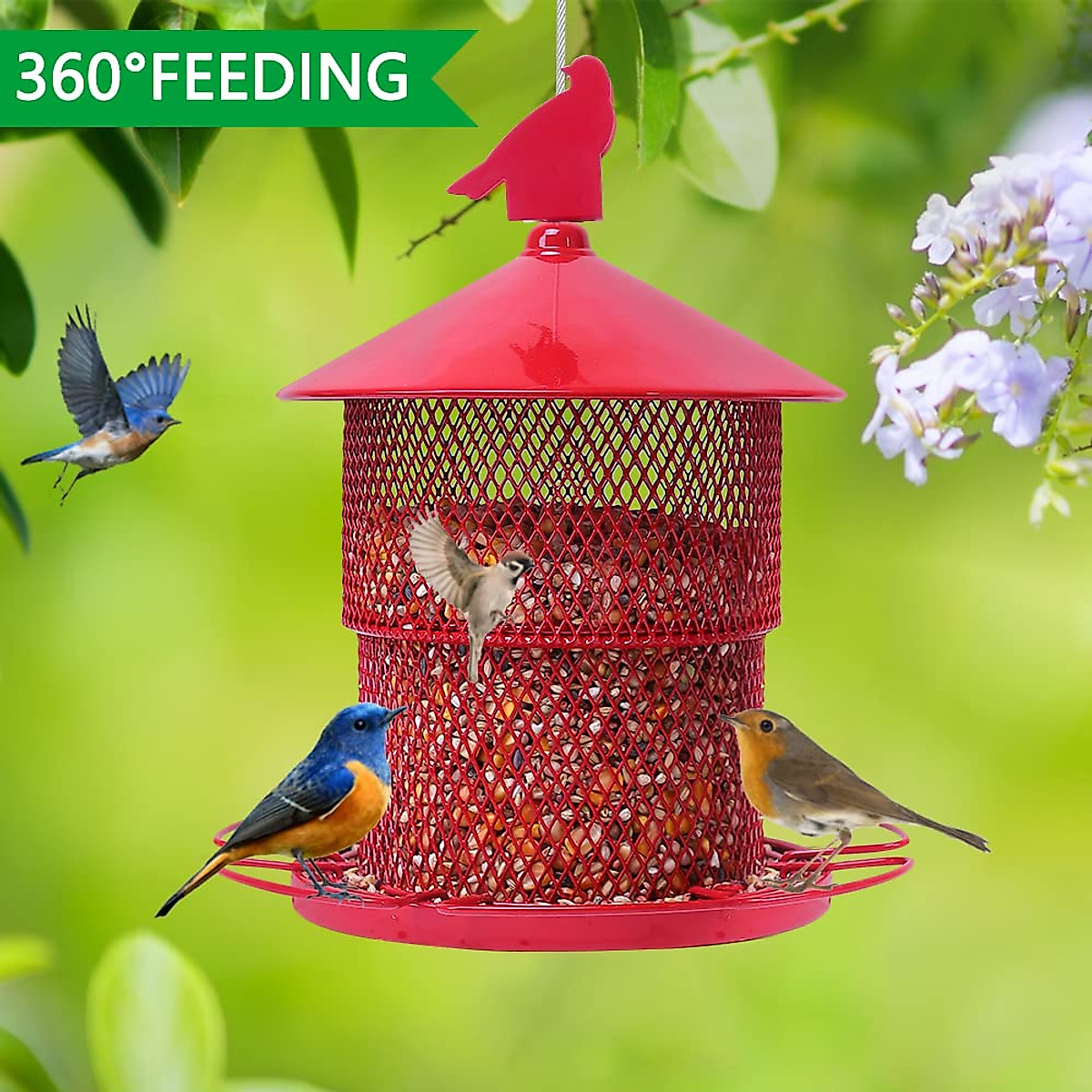 Metal Wild Bird Feeders Clearance,Outside Squirrel Proof Bird Feeder, 7.4LB Hanging Large Capacity Heavy Duty Water Resistance Outdoor Birdfeeders for Garden Yard-Red