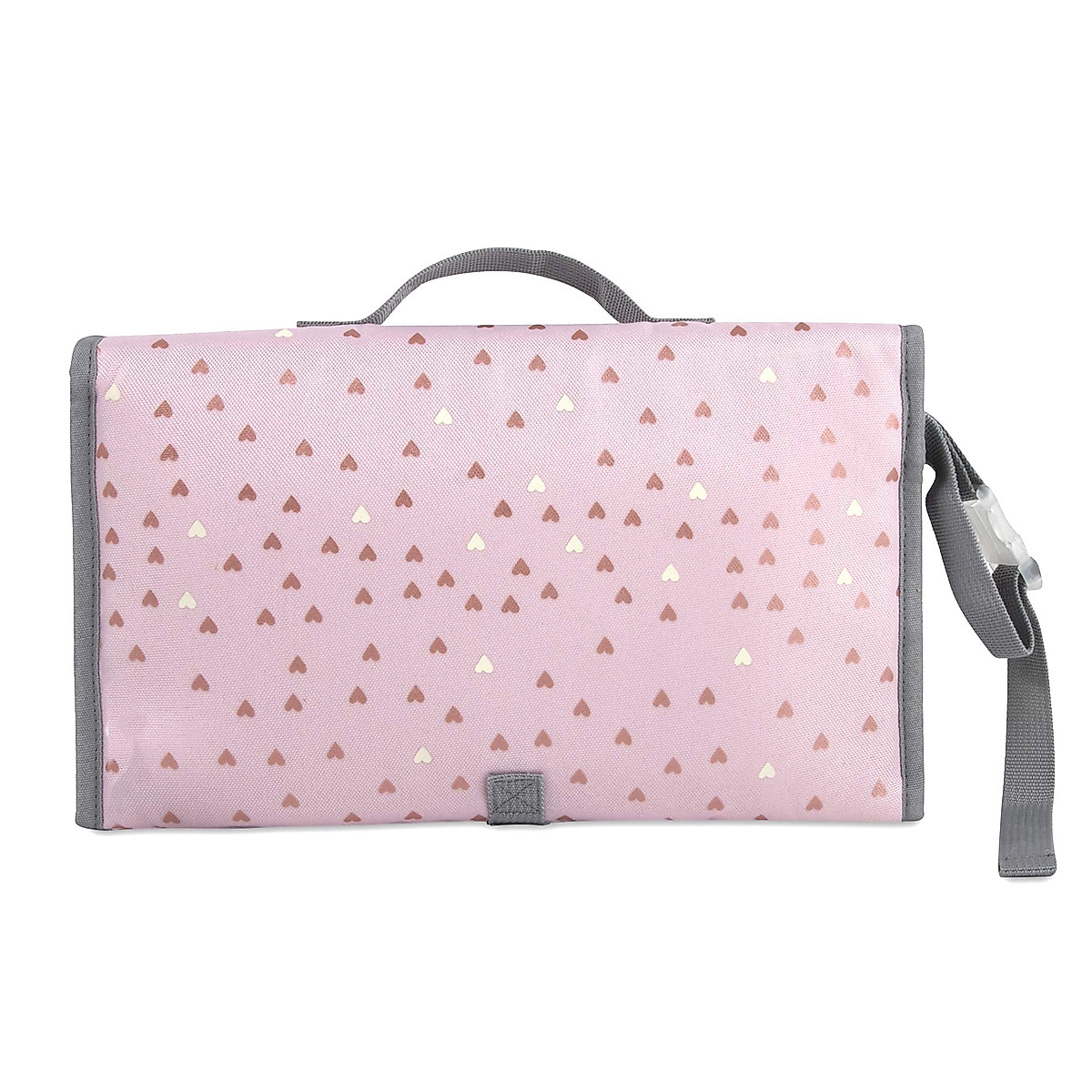 Portable Diaper Changing Pad Station Waterproof for Baby Girl, Boy with Padded Head Rest, Wipes Dispenser (Pink Hearts)