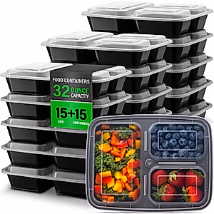 Ez Prepa 15 Pack 32oz 3 Compartment Meal Prep Containers with Lids -Food Storage Containers Plastic, Bento Box, Lunch Containers, Microwavable, Freezer and Dishwasher Safe, Food Containers