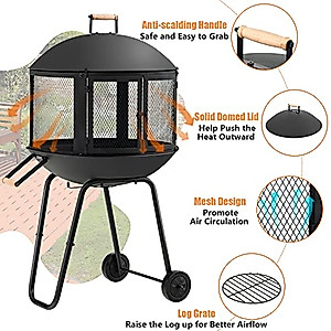 Tangkula Portable Fire Pit with Wheels, 28 Inch Wood Burning Fire Pit with Log Grate, Poker, Rolling Patio Fireplace Wooden Bonfire Firepit for Outdoor Entertaining Black