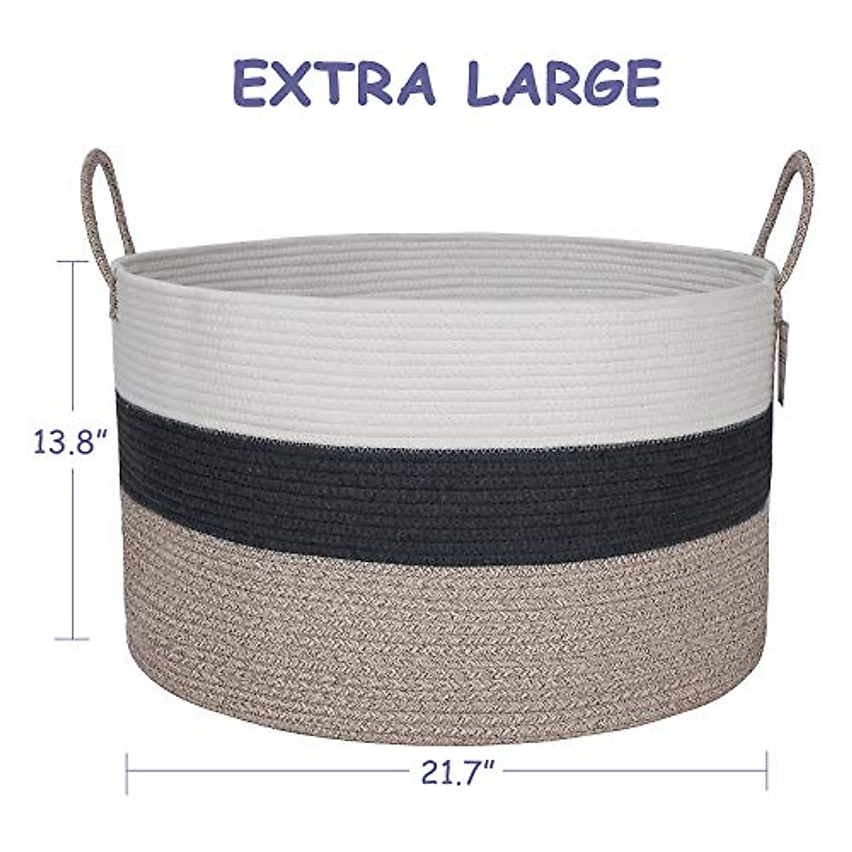 Extra Large Woven Cotton Rope Basket 21.7"X13.8" | XXXL Storage Basket Kid&Baby Clothes Hamper Laundry Bin Nursery with Handles for Toys,Towels,Pillows-Decor Blanket Basket Living Room