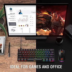 Havit 60 percent Mechanical Keyboard Mouse Combo, Wired 61 Keys Gaming LED Backlit Compact with Red Switches & 4800 DPI Programmable for Windows PC Laptop Gamers, Black (Renewed)