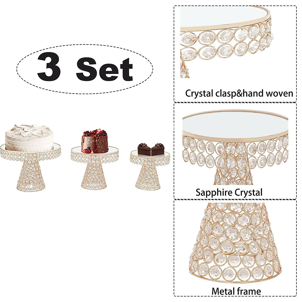 Crystal Cake Stand, Iron Cake Holder with Mirror Dessert Display Plate Serving Tray Cheese Pastry Candy Fruite Display Plate Tray Serving Platter for Birthday Wedding Party Decoration